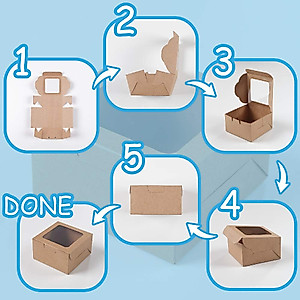 Bubbley Kraft Paper Bakery Boxes - 50-Pack Single Pastry Box 4-Inch, Packaging with Clear Display Window, Donut, Mini Cake, Pie Slice, Dessert Disposable Take-Out Container, Brown, 4 x 2.3 x 4 Inches