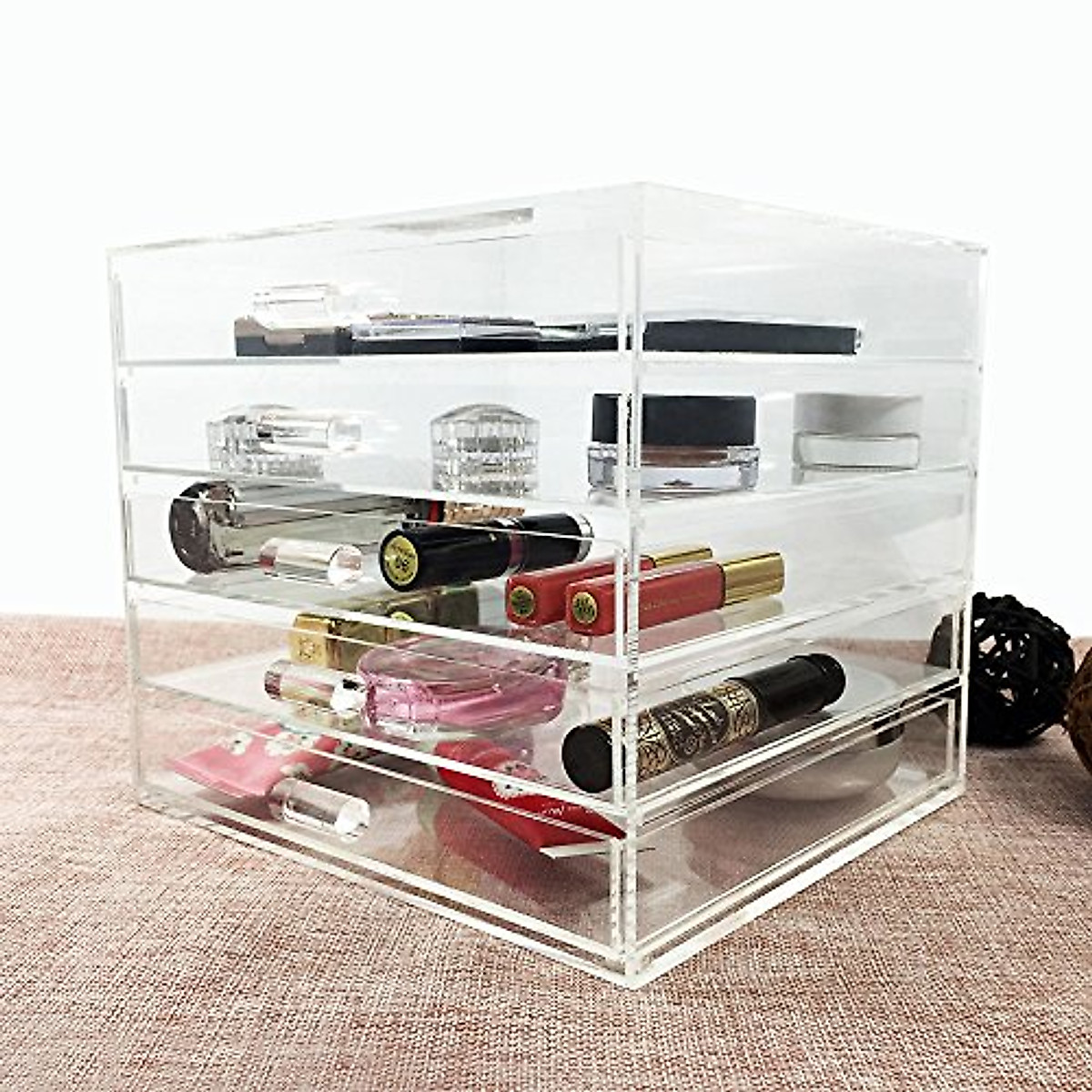 Ikee Design Premium Acrylic 5 Drawer Makeup Organizer Cosmetic Storage Jewelry Display Case for Home Storage and Store Display, 8.5" W x 7.25" D x 7.25" H