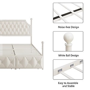 Keyluv Queen Upholstered Canopy Bed Frame with 2 Drawers and Button Tufted Headboard, Metal Platform Bed with 4 Removable Posts Two-Purpose Velvet Bed No Box Spring Needed, Beige/Curtains Not Included