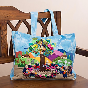 NOVICA Artisan Handmade Cotton Blend Tote Cultural Arpillera Patchwork from Peru Handbags Multicolor ' Yunza Carnival'