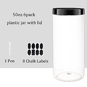 BPFY 6 Pack 50 oz Clear Plastic Jars with Black Lids, Chalk Labels, Pen, Plastic Food Storage Jars, Wide Mouth Kitchen Canisters for Dry Goods, Nuts, Cookie