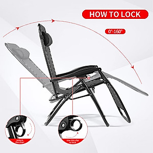 EZONE Zero Gravity Lounge Chairs Outdoor Adjustable Reclining Patio Chair Steel Mesh Folding Recliner for Pool Beach Camping Lounge Chair with Pillows and Cup Tray (1, Black)