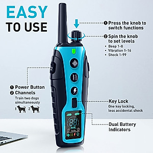 Nikketta Dog Shock Collar with Flashing Light for Night Walks,Dog Training Collar with Adjustable Pitch Beep,Vibration,Shock and Keypad Lock,Dog Training Collar with Remote 4000FT,Cyan-Blue