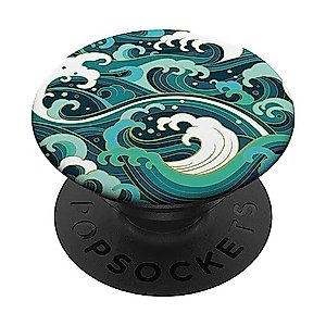 Ocean Wave Surf Beach Tropical Blue Teal Green Japanese Art PopSockets Swappable PopGrip
