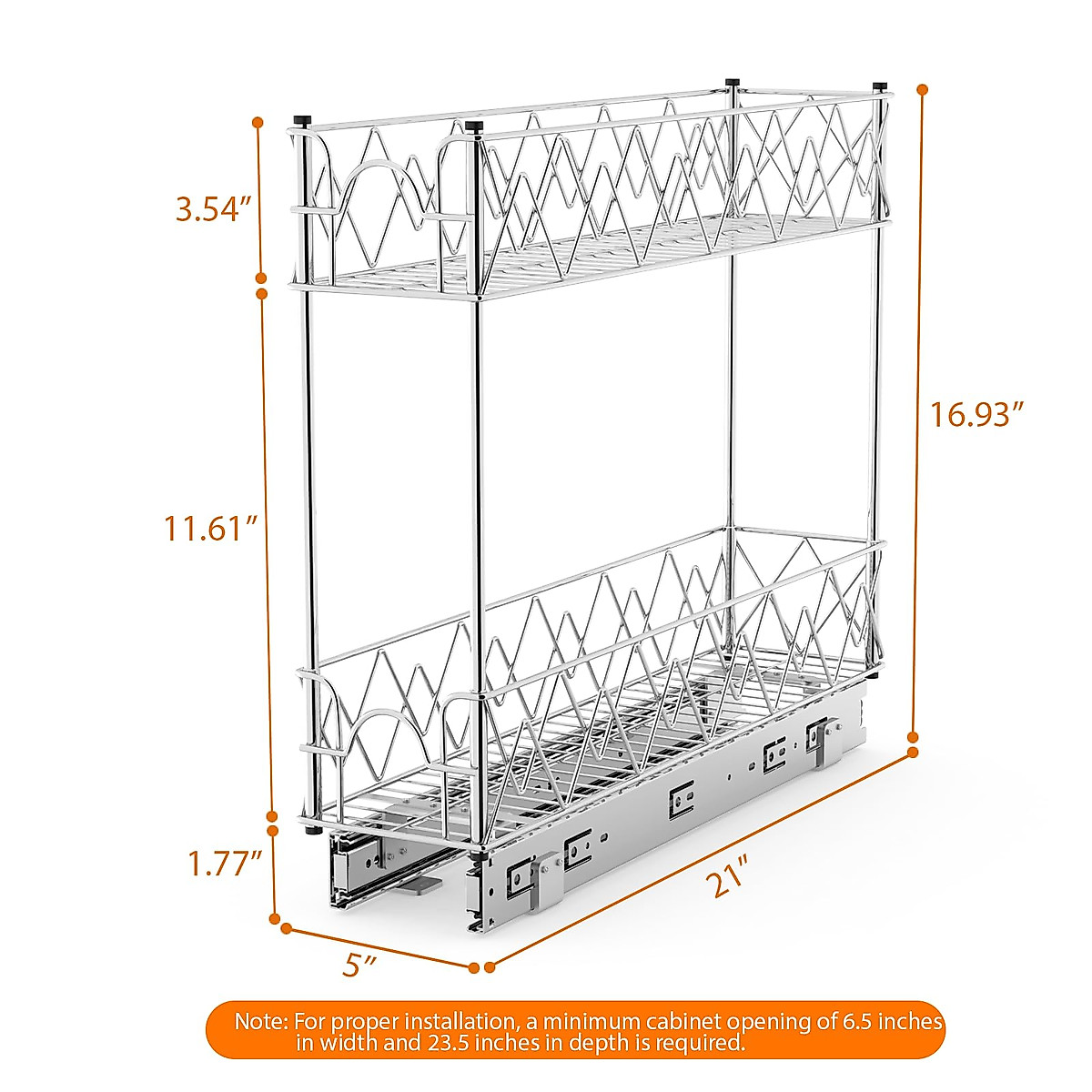 Glolaurge Pull Out Cabinet Organizer 5" W x 21" D, 2-Tier Narrow Kitchen Cabinet Drawer Slide Out Shelves, Chrome