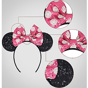LIHELEI Minnie Ears Mouse Ears Headband with Sequin Bows, Headbands for Kids Halloween Costume, Headwear Hair Accessories for Women Girls - 3PCS Hot Pink
