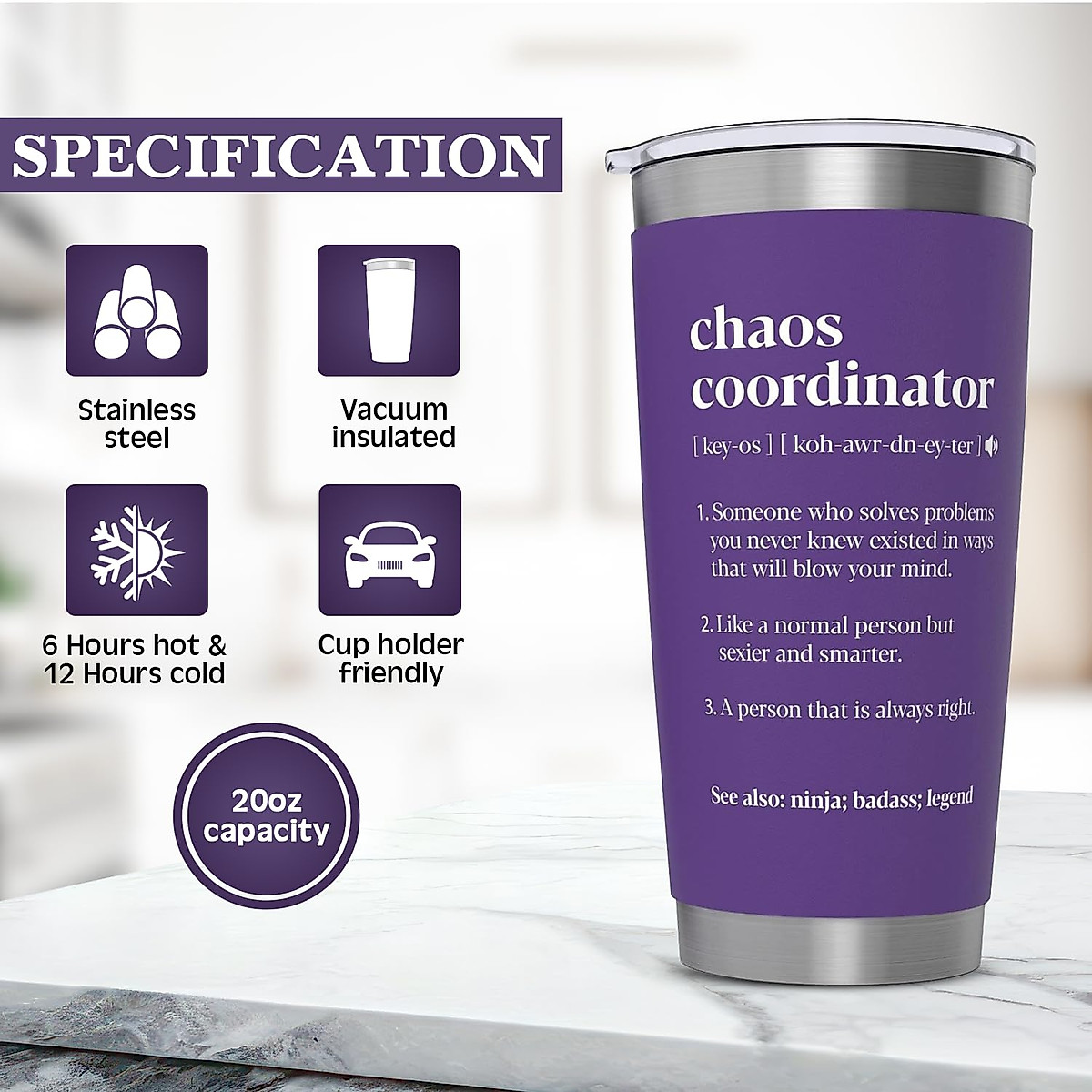 Chaos Coordinator Gifts for Women, Thank You Gifts for Women, Boss Lady Gifts for Women, Gifts for Boss, Teacher, Coworker, Tumbler, Cup 20oz Purple