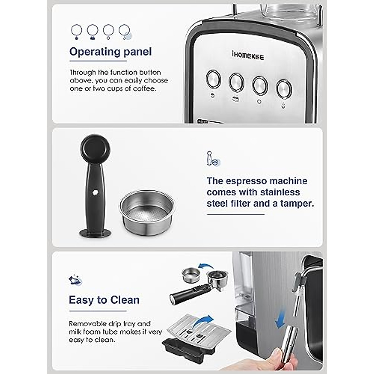 Ihomekee Espresso Machine 15 Bar, Coffee Maker for Cappuccino and Latte Maker with Milk Frother Steam Wand, Fast Heating Coffee Machine for Home, Office - CM6822, Silver