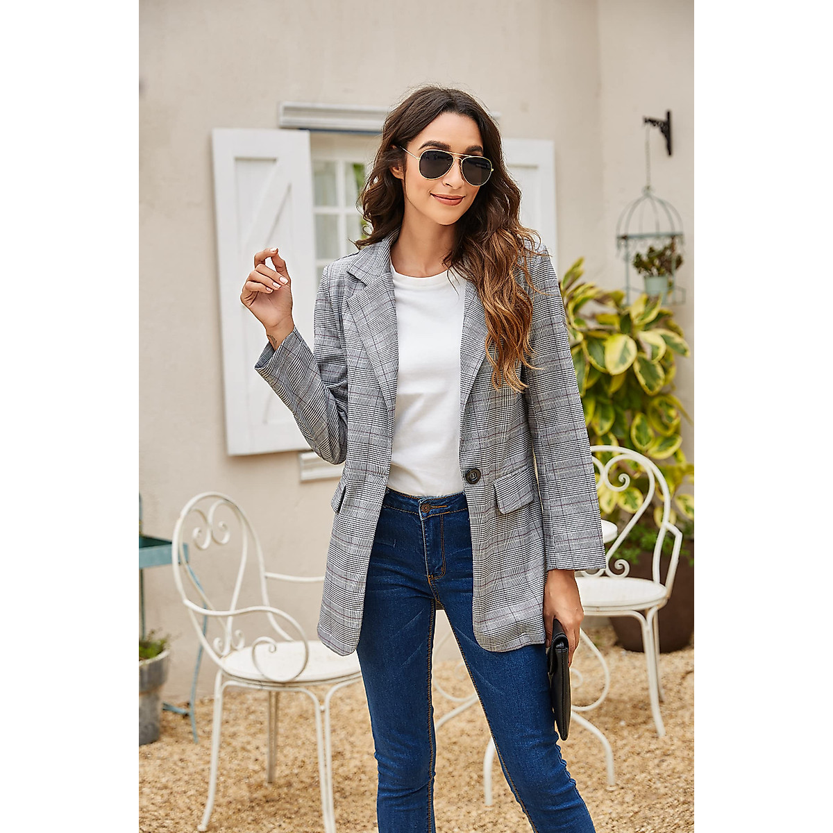 Zeagoo Casual Blazer for Women Plaid Blazer Jackets Suit Boyfriend Button Front Blazer