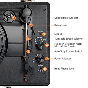 Bluetooth 3-Speed Record Player, ByronStatics Smart Portable Wireless Vinyl Turntable Built in Stereo Speakers Suitcase Record Player with Extra Stylus, RCA Line out Aux in - Black