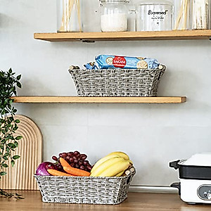 ROSOS Wicker Baskets 2 Pack, Washable Big Wicker Baskets for Storage with Wooden Handles, Waterproof Plastic Wicker Storage Basket for Shelves, Large Wicker Basket in Size 14.5"x10.6"x4.5", Grey