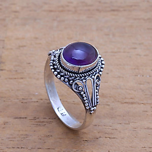 NOVICA Artisan Handmade Amethyst Singlestone Ring from Bali Sterling Silver Indonesia Birthstone Gemstone [ring Front 0.6 in H x 0.4 in W x 0.3 in D Band Width 3 mm W] ' Princess Gem'