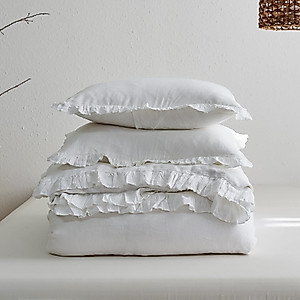 Simple&Opulence 100% Linen Duvet Cover Set, 3 PCS Natural French Flax White Ruffle Duvet Cover King Size, Breathable Comfy Linen Bedding Comforter Cover with 2 Pillowcases (White, 104"X92")