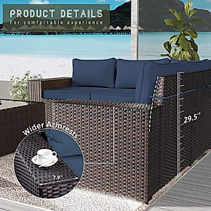 RTDTD Outdoor Patio Furniture Set with Propane Fire Pit Table, 7 Pcs Outdoor Furniture Patio Sectional Sofas Conversation Sets w/ETL Approved 43" Gas Outdoor Fire Table & Coffee Table (Dark Blue)
