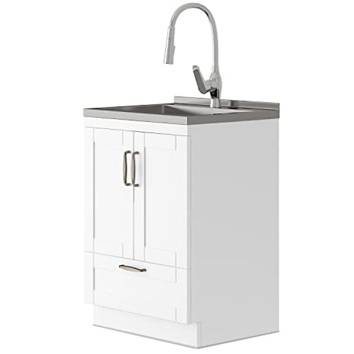 SIMPLIHOME Reed Transitional 24 Inch Deluxe Laundry Cabinet with Pull-out Faucet and Stainless Steel Sink in White, For the Laundry Room and Utility Room
