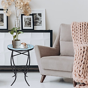 Vipush Mosaic Outdoor Side Table, 14" Round Folding End Table, Patio Accent Table Indoor Plant Stand for Living Room,Geramic Table Top Black Iron,Light Blue