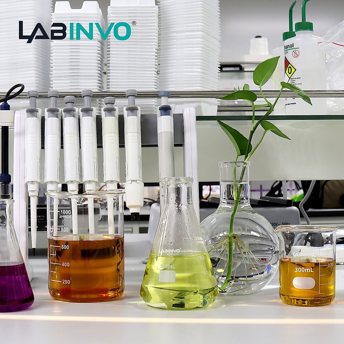 LABINVO 500ML Glass Erlenmeyer Flask, Narrow Mouth Graduated Conical Flask with Marking Spot, 6pcs of 3.3 Borosilicate Glass Flask Set, IN-EFN500