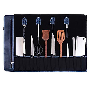Leather Knife Roll Storage Bag, Elastic and Expandable 10 Pockets, Adjustable/Detachable Shoulder Strap, Travel-Friendly Chef Knife Case By Aaron Leather Goods