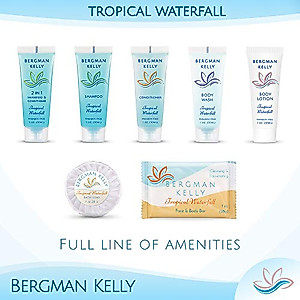 BERGMAN KELLY Hotel Toiletries Bundle (Tropical Waterfall, 1 oz each, 100 Pcs) 4-Piece Set: 25 Rectangular Bar Soap, 25 Shampoo, 25 Conditioner & 25 Body Lotion - Bulk Mini Guest Amenities Supply