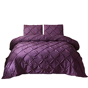 Feelyou Pintuck Duvet Cover Set King Size Purple Pinch Pleat Duvet Cover Tufted Design Bedding Set Zipper Soft Polyester Comforter Cover with 2 Pilllow Shams, Solid Geometric 3 Pieces