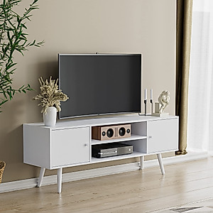 Mid-Century Modern TV Stand for 55/60 inch TV, Entertainment Center with Storage Cabinet and Open Shelves, TV Media Console for Living Room, Bedroom and Office, White