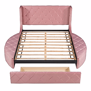 SOFTSEA Queen Size Velvet Platform Bed Frame with Storage, Upholstered Tufted Bed Frame with Wingback Headboard, 1 Big Drawer and 2 Side Storage Stool, Easy Assembly, Pink
