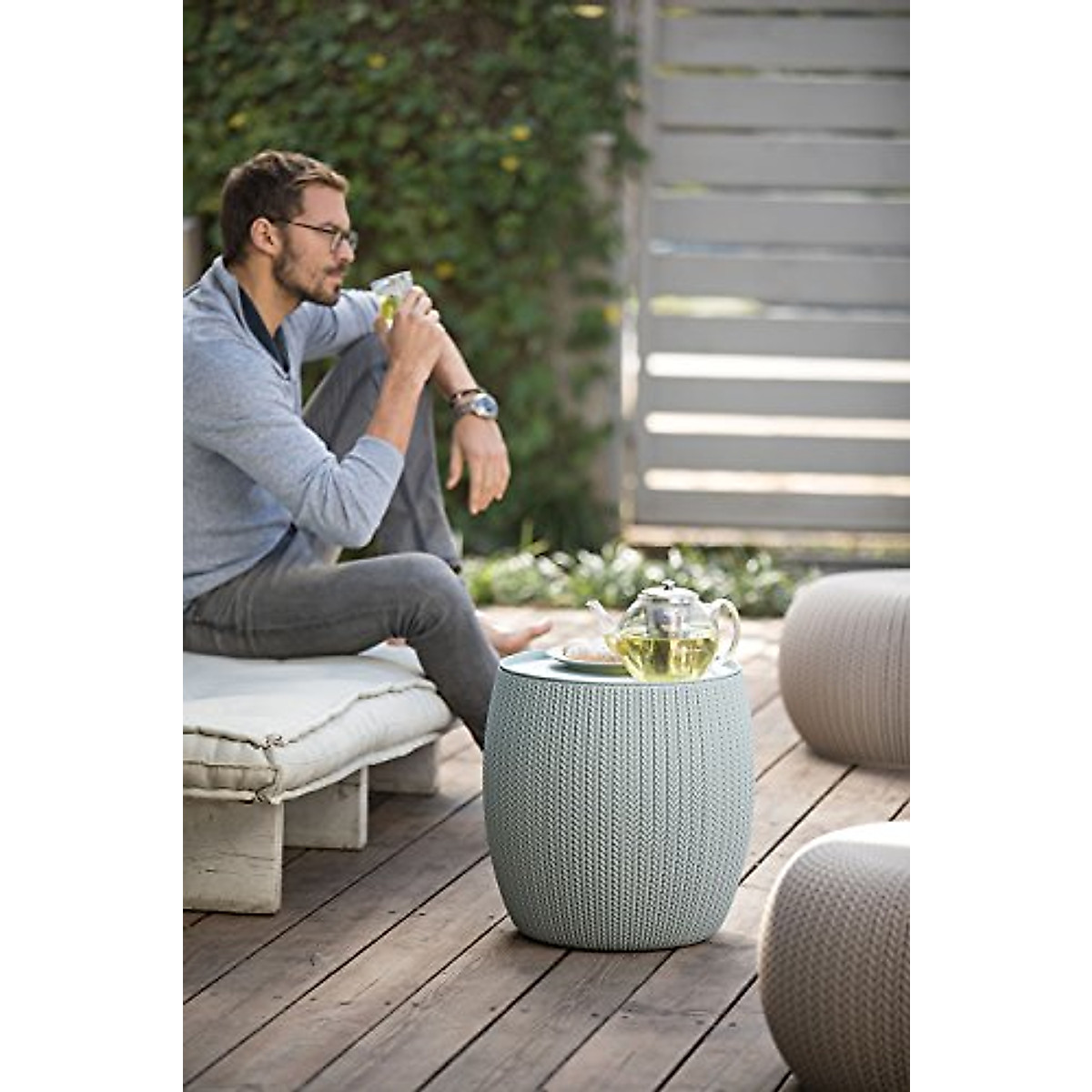 Keter Urban Knit Pouf Ottoman Set of 2 with Storage Table for Patio and Room Décor - Perfect for Balcony, Deck, and Outdoor Seating, Misty Blue & Taupe