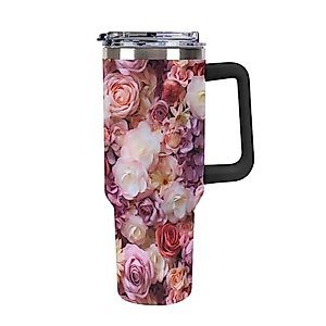 Colorful Yellow Red Rose Flower 40 Oz Stainless Steel Cup Travel Tumbler with Handle and Straw Lightweight Coffee Mug for Home Office