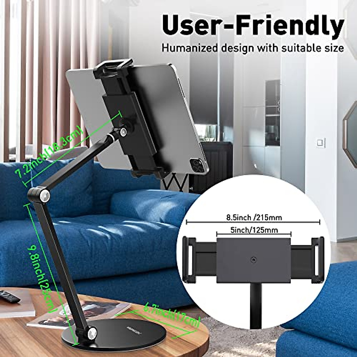 AboveTEK Adjustable Tablet Stand Holder, Long Arm iPad Holder, Flexible and 360 Degrees Rotatable iPad Stand, Compatible with 4.7“- 13.5” Mobile iPhone, iPad, Samsung Tab, Nintendo (Black)