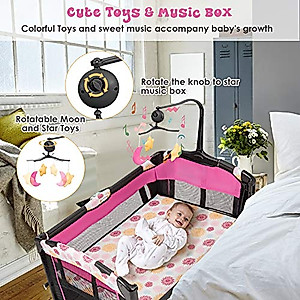 BABY JOY 4 in 1 Pack and Play, Baby Bedside Sleeper with Bassinet, 3 Adjustable Heights, Music Box, Easy to Install, Foldable Bedside Crib w/Changing Table, Playards from Newborn to Toddlers