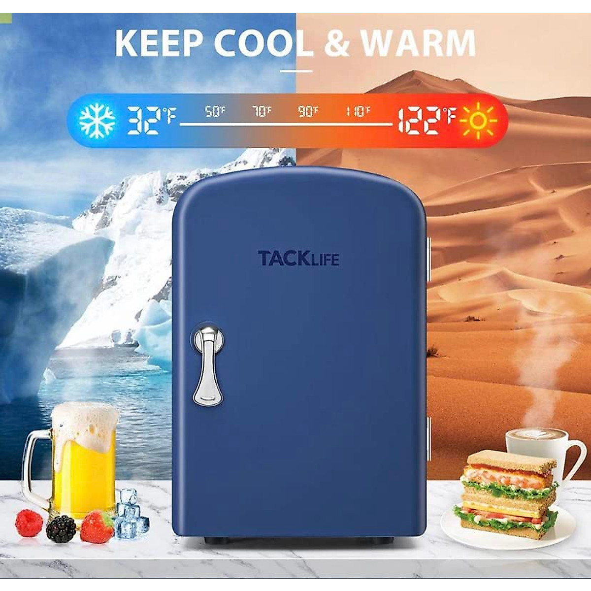 Mini Fridge 4 Liter AC/DC Portable Personal Fridge, Energy Saving Cooler and Warmer Refrigerator for Office, Car, Bedroom, 100% Freon-Free Great for Skincare, Fruit, Food Blue (Blue)