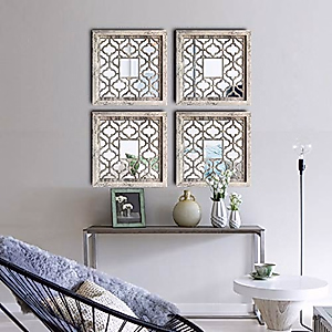 qmdecor Square Rustic Distressed White Framed Wall Decorative Mirror 12x12 inches Modern DIY Fashion MDF Wood Material Wall-Mounted Mirrors Set of 2 Pieces
