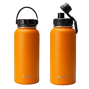 NAVIGATE 32oz Wide Mouth Stainless Steel Water Bottle with Two Lids, Double Walled Vacuum Insulated Travel Sports Flask Cup |Keep Drink Stay Cold & Hot, Leak Proof
