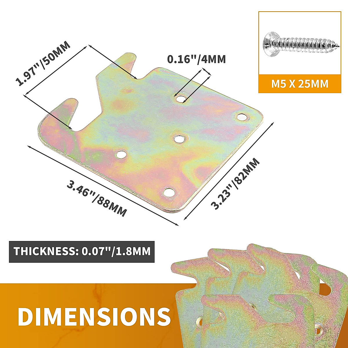 Suiwotin 4 Sets Bed Rail Hook Plates, Heavy Duty Bed Rail Fitting Bracket with Mounting Screws, Universal Wood Bed Rail Hooks Hardware for Bed Frames, Headboards, Foot-Boards (Galvanized Brass)