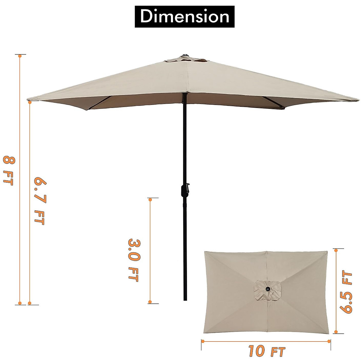 ontheway 6.5x10 ft Rectangular Patio Umbrella, Outdoor Market Table Umbrella with Hand Crank, Rust-Resistant Frame, 6 Steel Ribs, Swimming Pool, Garden, Courtyard, Lawn