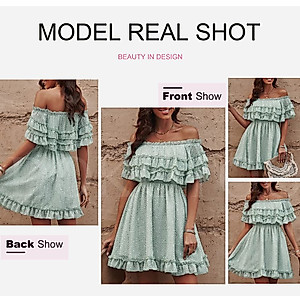 Dokotoo Women's Ladies Dresses Spring Summer Off The Shoulder Elastic Empire Waist Floral Bohemian Ruffle Chiffon Summer Dress for Women Green Large