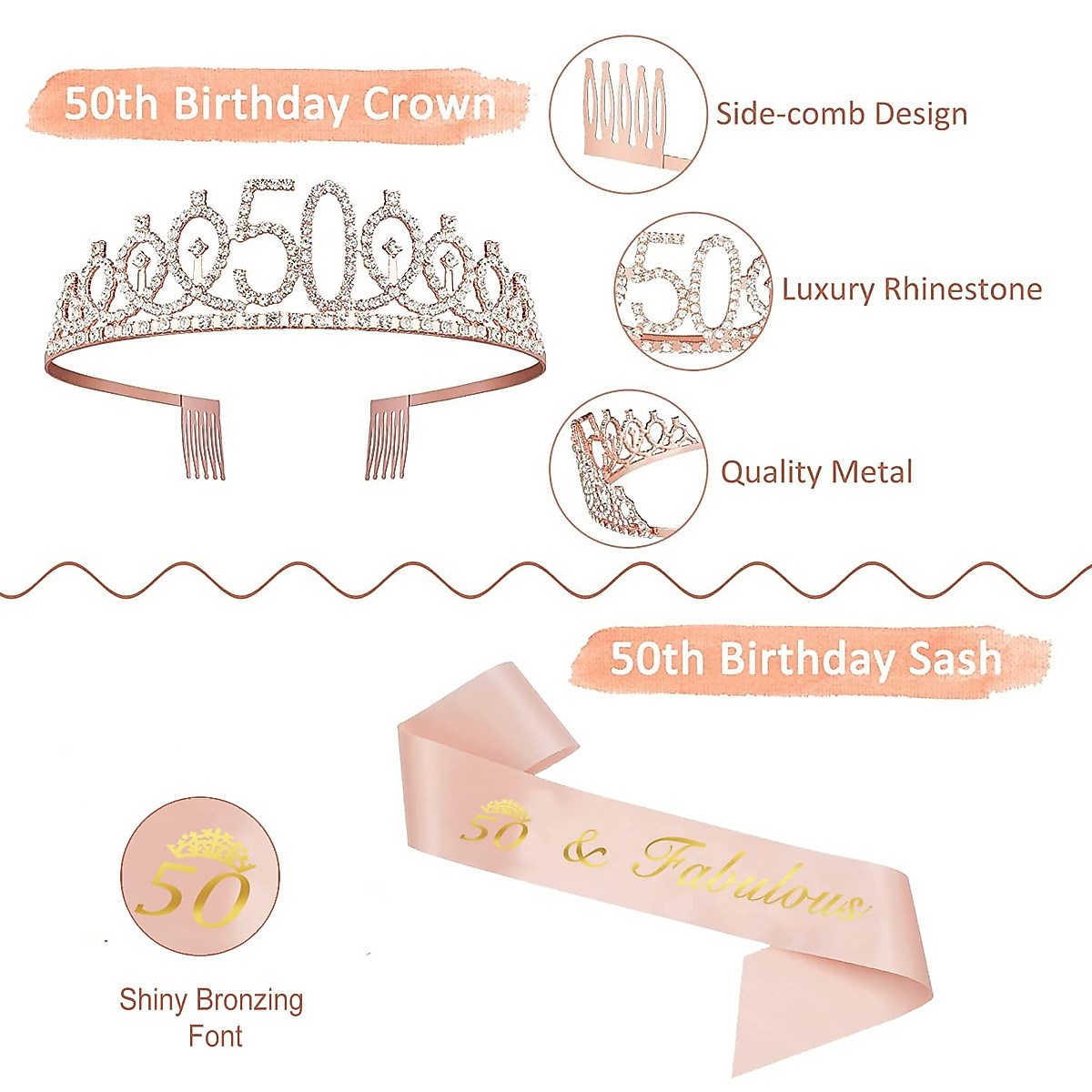 50th Birthday Decorations for Women,90 PCS Rose Gold 50th and Fabulous Birthday Decorations,Including Happy 50th Birthday Banner Backdrop,Crown,Hanging Swirl, birthday Balloons, Foil Backdrops,Cake Toppers, Plates, Photo Props, Birthday Sash,50th Birthday