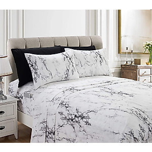 Elegant Comfort Luxury Soft Bed Sheets Marble Pattern - 1500 Premium Hotel Quality Microfiber Softness Wrinkle and Fade Resistant (6-Piece) Bedding Set, Full, White