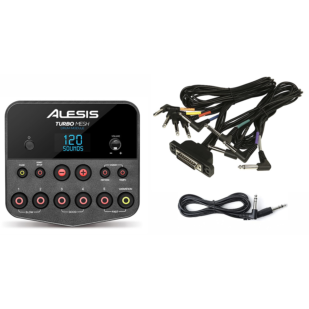 Alesis Turbo Drum Module with Cable Snake and Silverline Audio 10ft Auxiliary Cable Bundle
