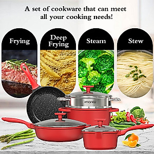 imarku Pots and Pans Set,11PC Kitchen Cookware Set Nonstick, Cooking Pot Pan Set with Stay-Cool Handle,PFOA Free Pans Set with Granite Coating,Red
