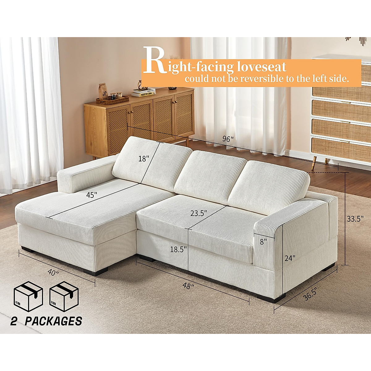 AMERLIFE 96 Inch Oversized Sectional Sofa, Modern Couch with Chaise, Comfy Sofa Couch with Left Chaise, White Corduroy Sofa