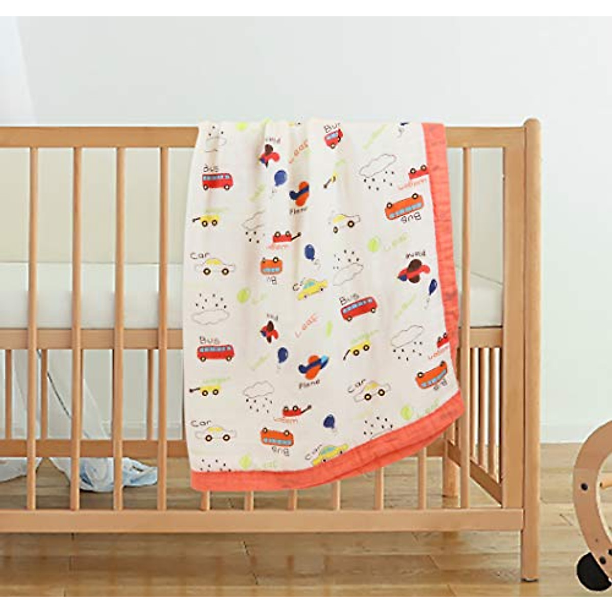 Coral Red Muslin Baby Blanket, Ultra Soft Hypoallergenic Baby Quilts, Unisex Baby Swaddle Wrap, Oversized 43 X 45 inchs (Car Bus)