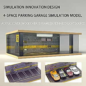 SIKIVOT Model Car Display Case，Model Car Parking Lot Garage，Display Case for 1/32 Diecast Cars，4 Parking Space with LED Light and Acrylic Cover (7334D5)