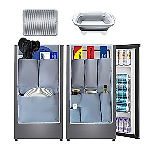 EFP -ALL IN ONE 12 Pocket Dorm & Office Mini Fridge Caddy Organizer - Stores Pantry Items, Cutlery, Utensils, Bottles, Plates, & More For Home, Includes Collapsible Cutting Board & Dish Mat (Grey)