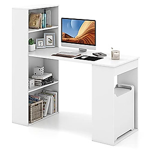 IFANNY 48 Inch Computer Desk with Bookshelf, Reversible Home Office Desk with Open Shelves & CPU Stand, Modern Space-Saving Writing Desk Computer Workstation for Study, Living Room (White)