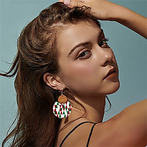 coadipress Colorful Christmas Plaid Round Wooden Dangle Earrings for Women Plaid Snowflake Deer Tree Flower Print Earrings Lightweight Wooden Earring Christmas Jewelry (Christmas Tree)