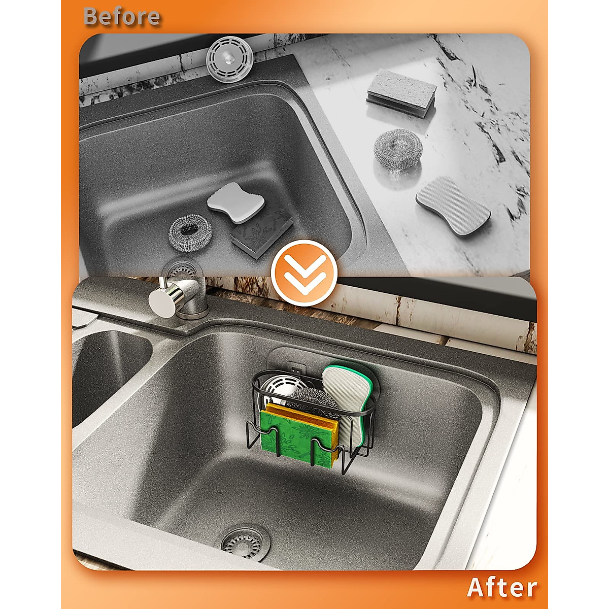 SWTYMIKI Sponge Holder for Kitchen Sink with Double Hook, Stainless Steel Kitchen Sink Caddy Multifunctional Kitchen Sink Organizer with Strong Adhesive for Sponge, Brush, Sink Stopper, Black