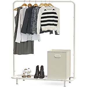 Simple Houseware Clothing Rack with Industrial Pipe and Bottom Shelves, White