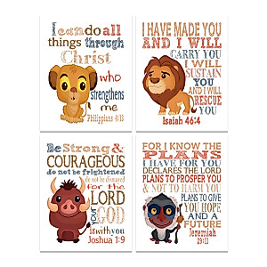 Lion King Christian Nursery Decor Set of 4 Prints - Mufasa, Pumba, Simba and Rafiki with Bible Verses