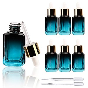 COSIDEA 6pcs Empty gradient Blue Square 30ml / 1oz Glass dropper bottle for Serum essence oil bottles container packing